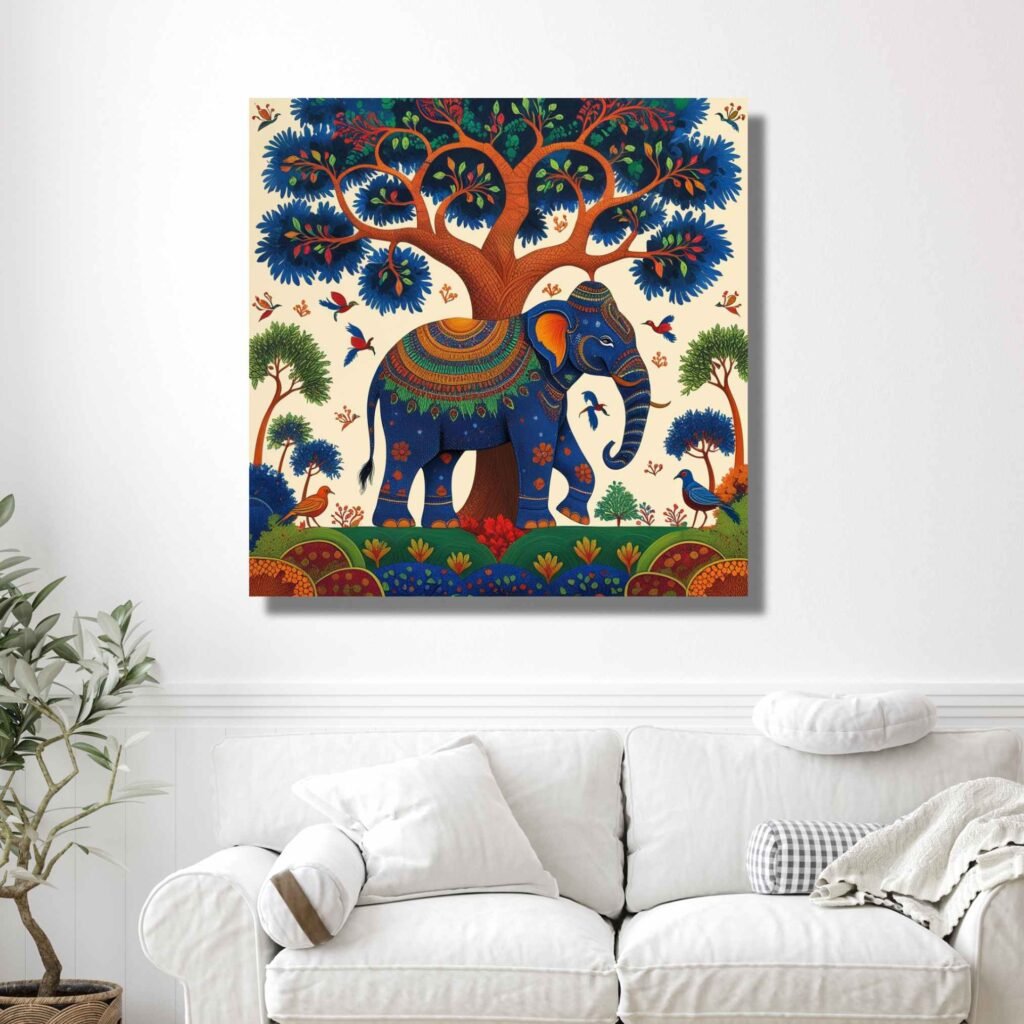 gond elephant canvas painting – indian folk wall art
